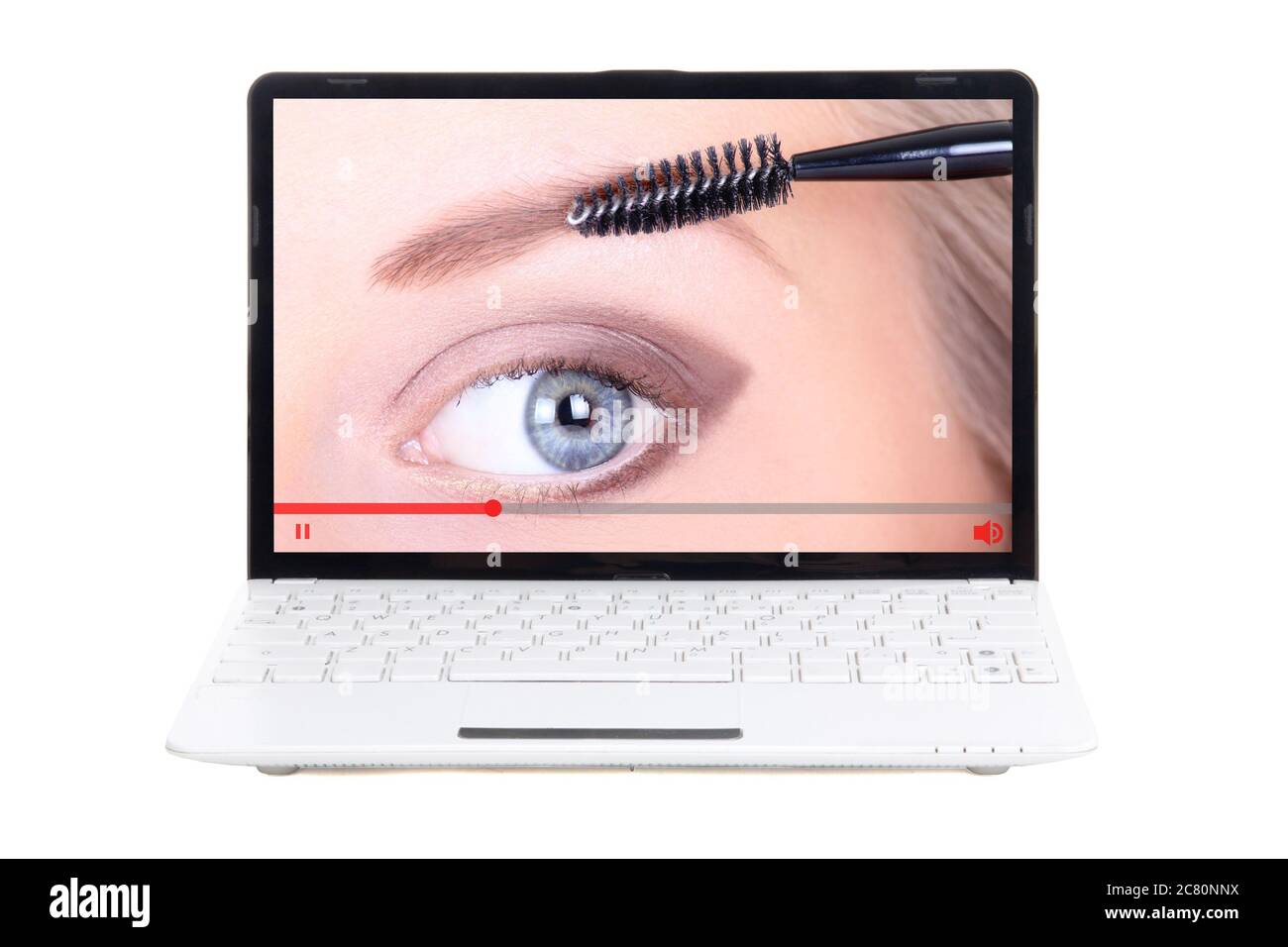 beauty blog concept - woman applying make up on laptop screen isolated ...