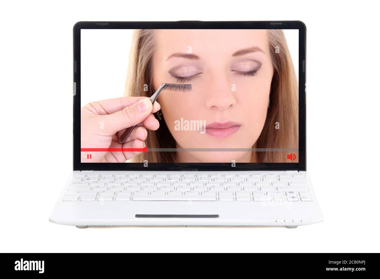 beauty blog concept - video about make up on laptop screen isolated on ...
