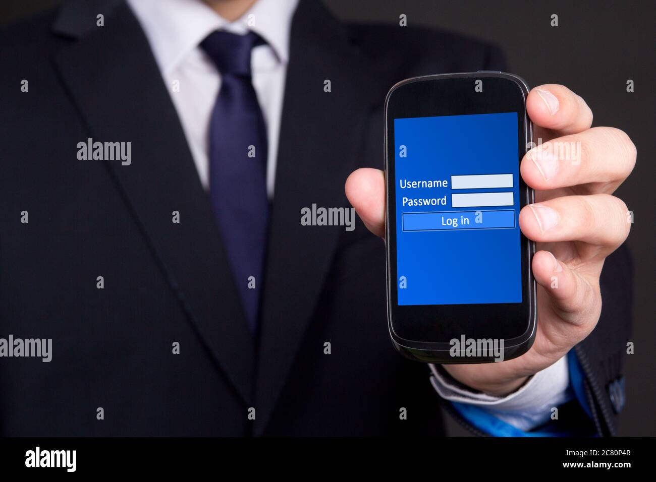 modern mobile phone with login screen in business man hand Stock Photo ...