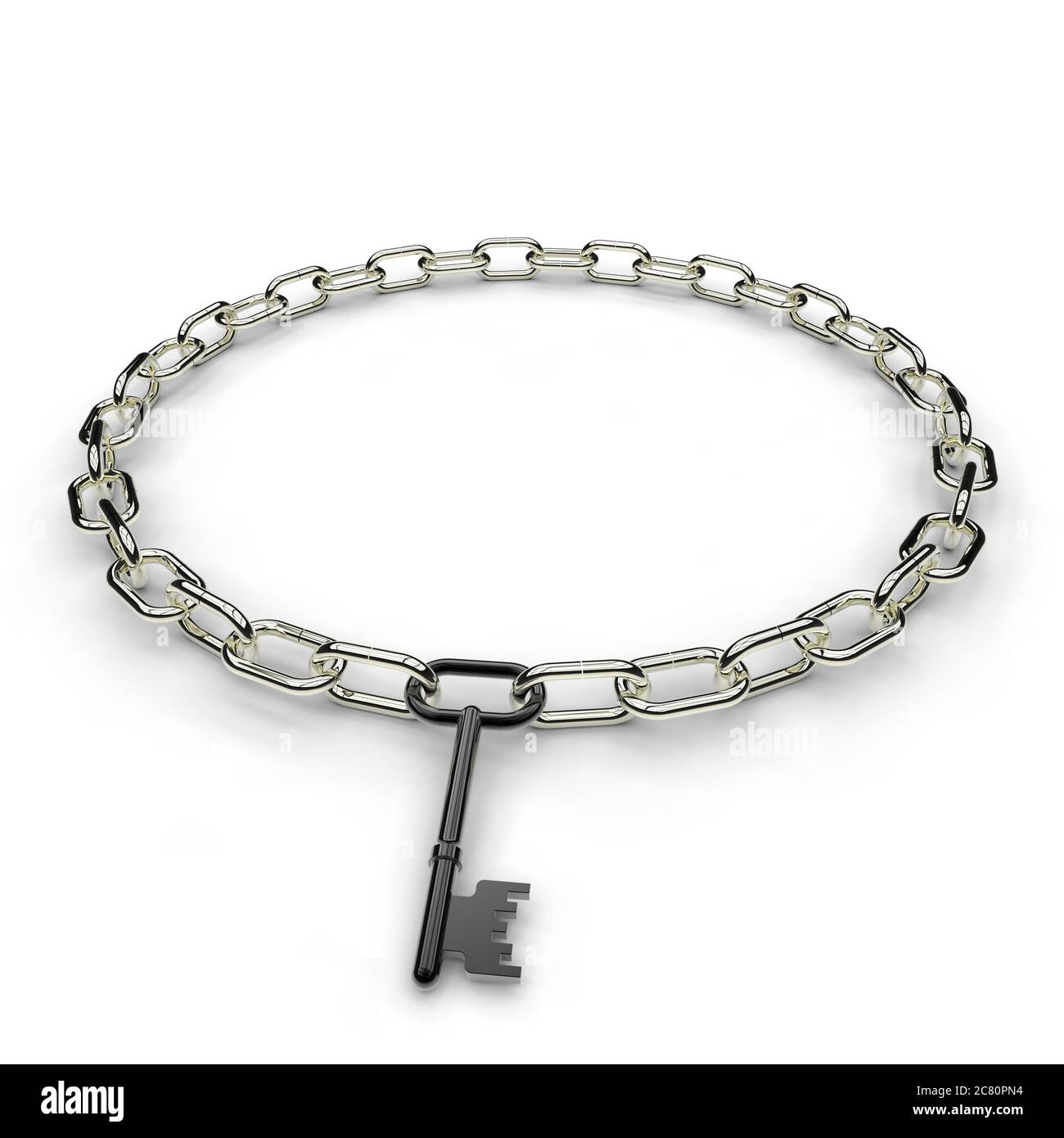 Black key link in a silver circular chain on a white background Stock ...