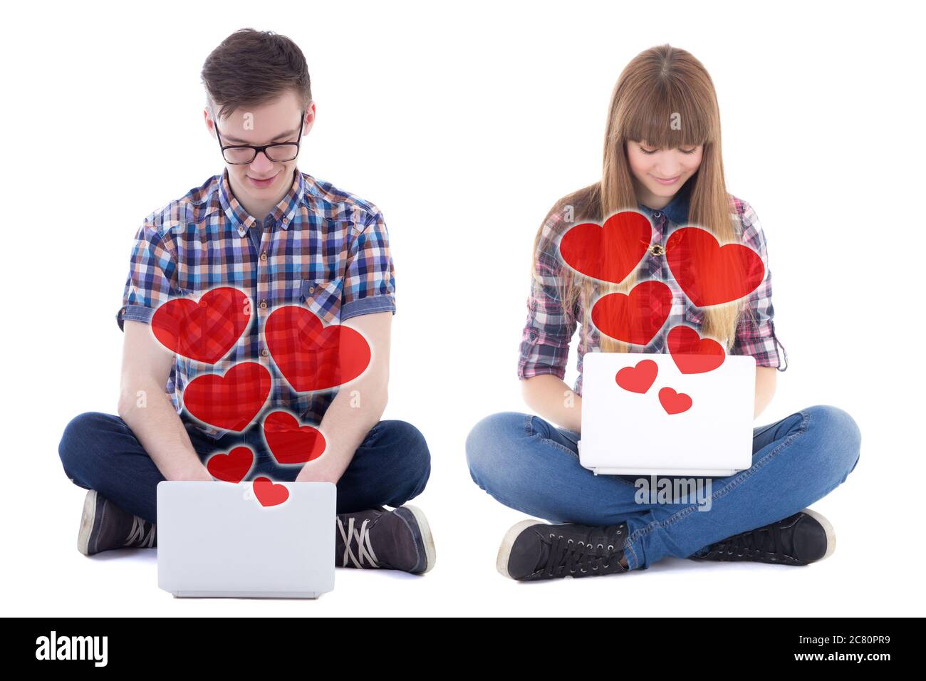 online dating concept - teenage boy and girl sitting with computers ...