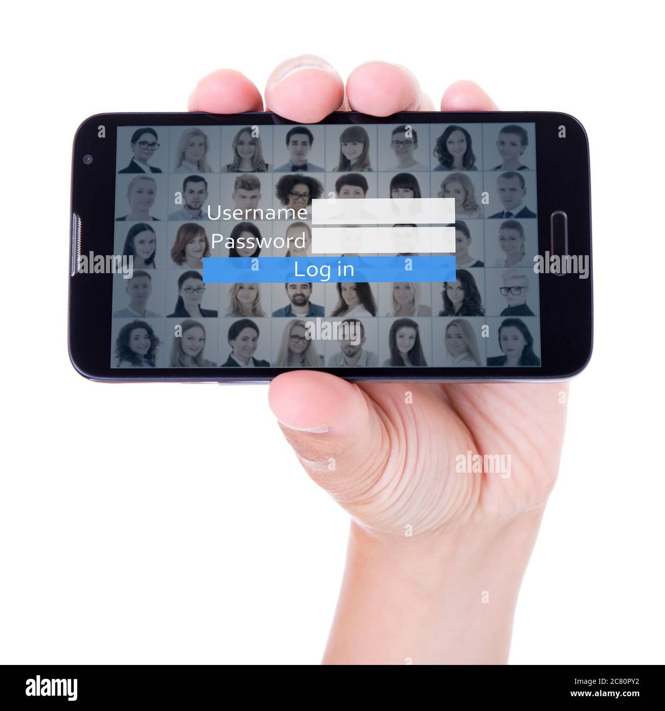 social network login concept - mobile smart phone in hand isolated on ...