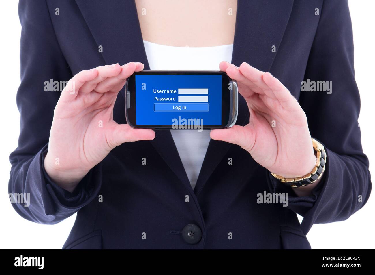 modern mobile phone with login panel on screen in female hands Stock ...