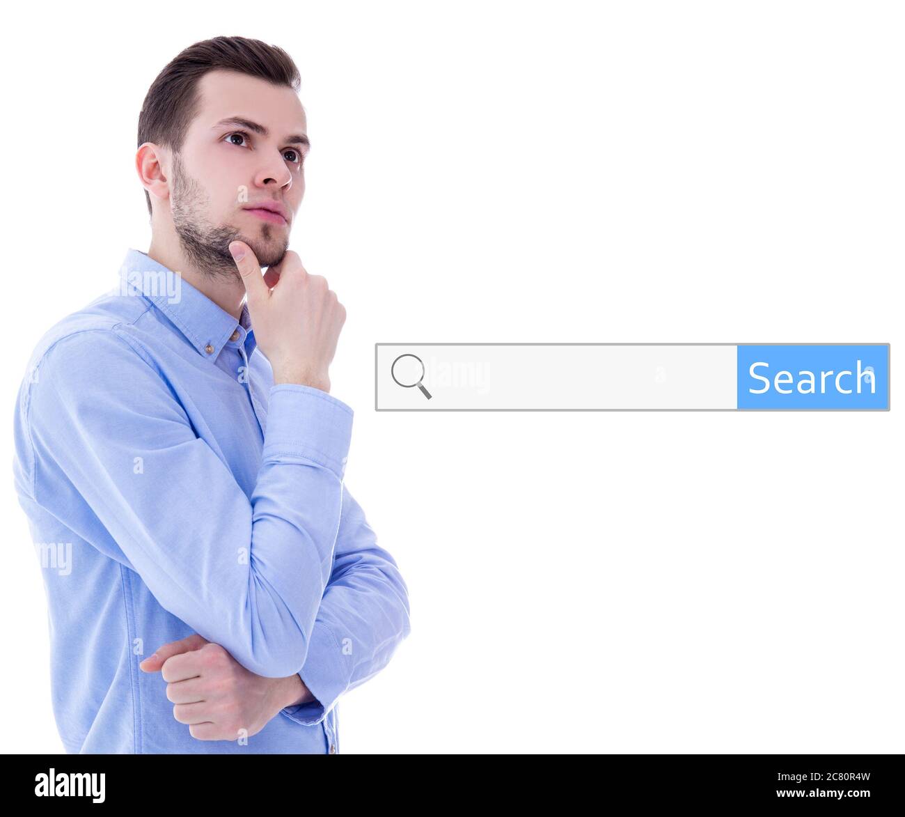 internet search concept - portrait of young man thinking about ...