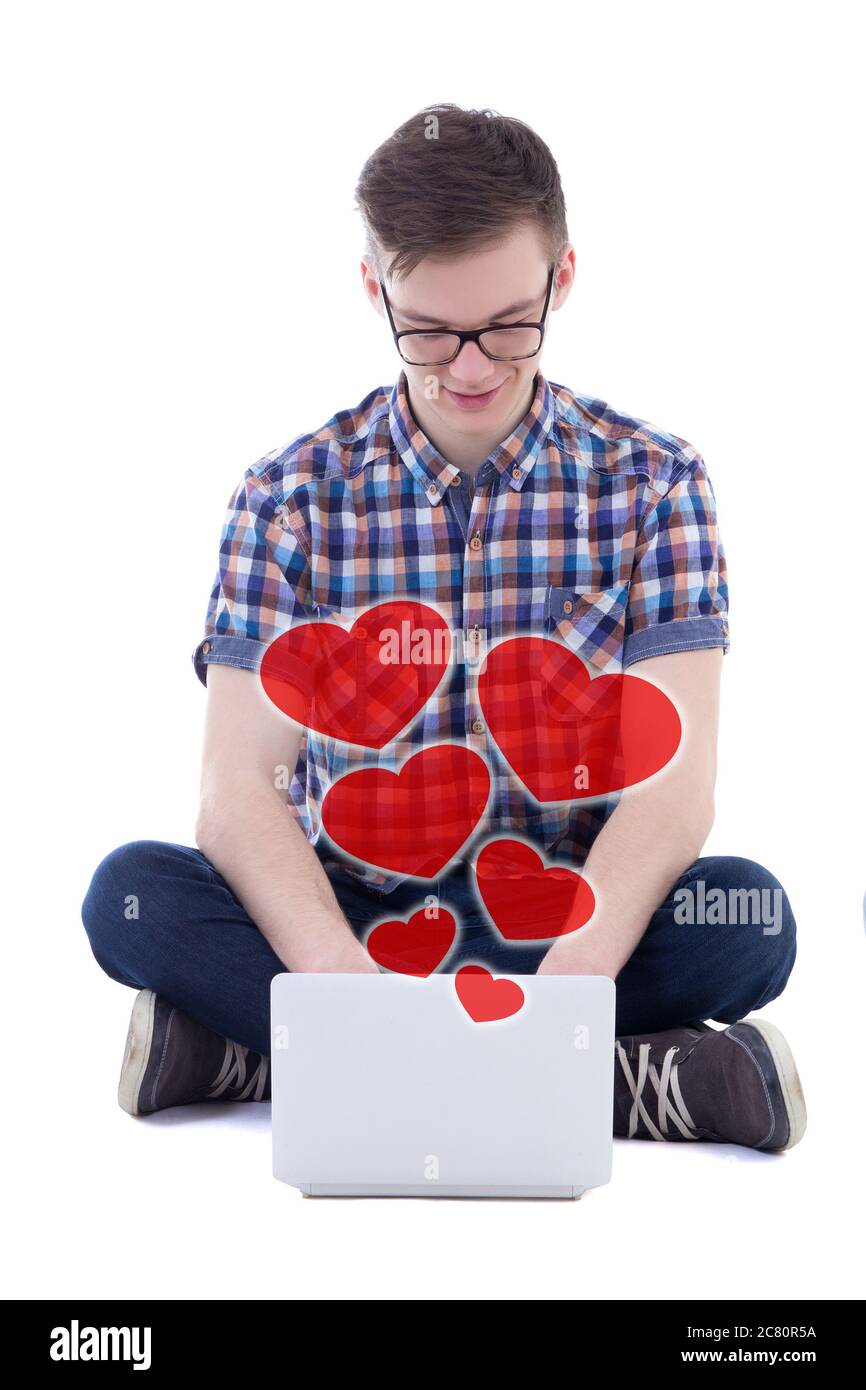 online dating concept - teenage boy sitting with computer isolated on ...