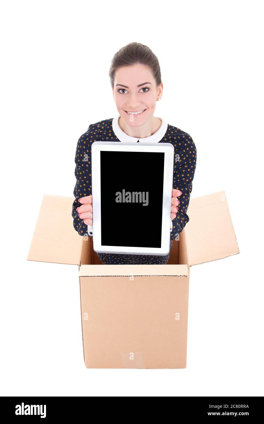 delivery - woman in cardboard box holding tablet pc with blank screen ...