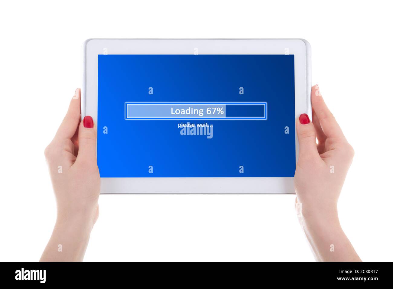 modern tablet pc loading in female hands isolated on white background ...
