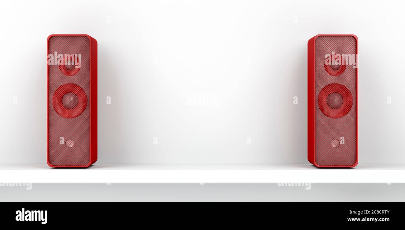Red stereo speakers on white shelf, front view Stock Photo - Alamy
