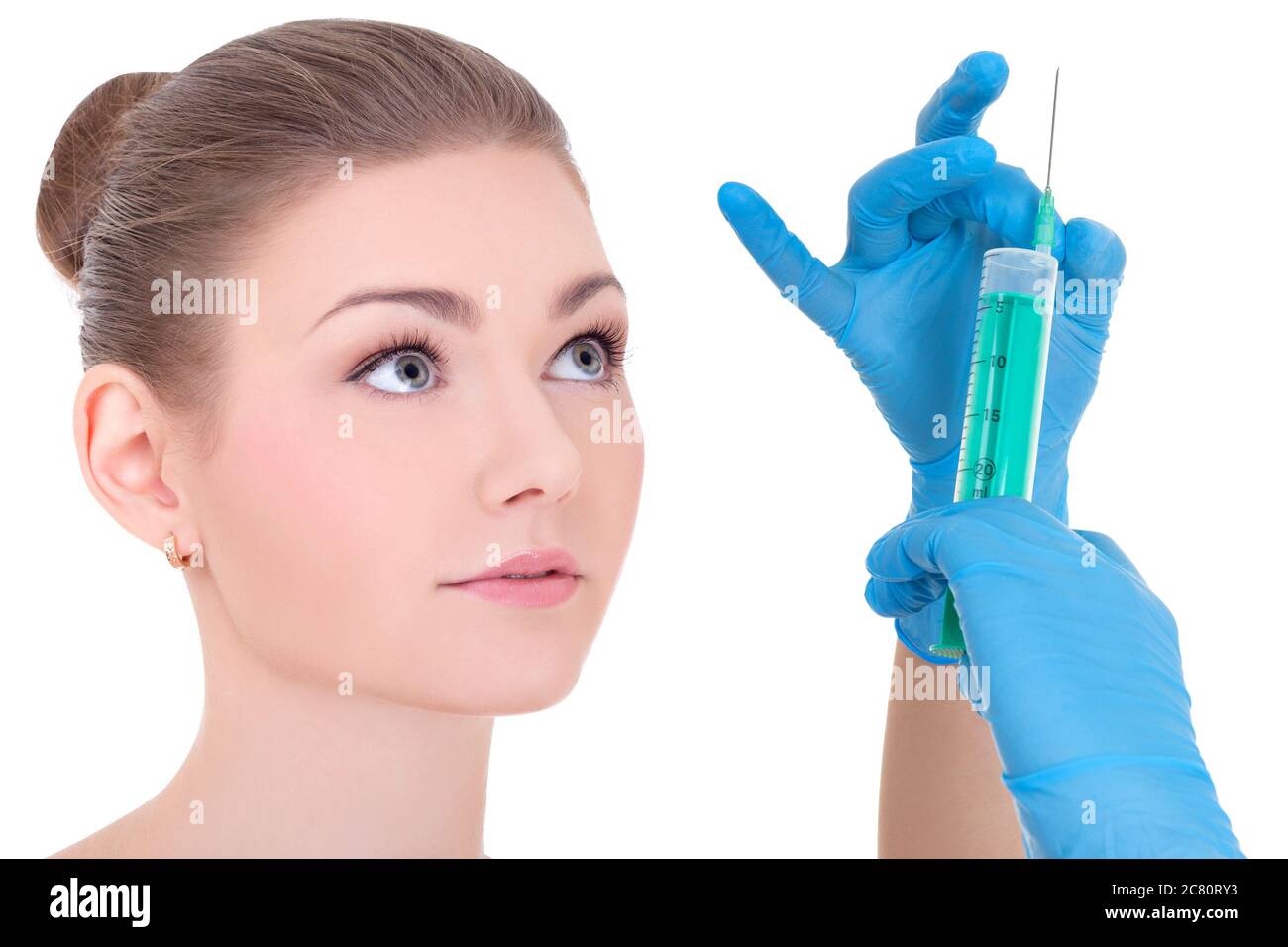 botox injection concept - hands with syringe and beautiful woman ...