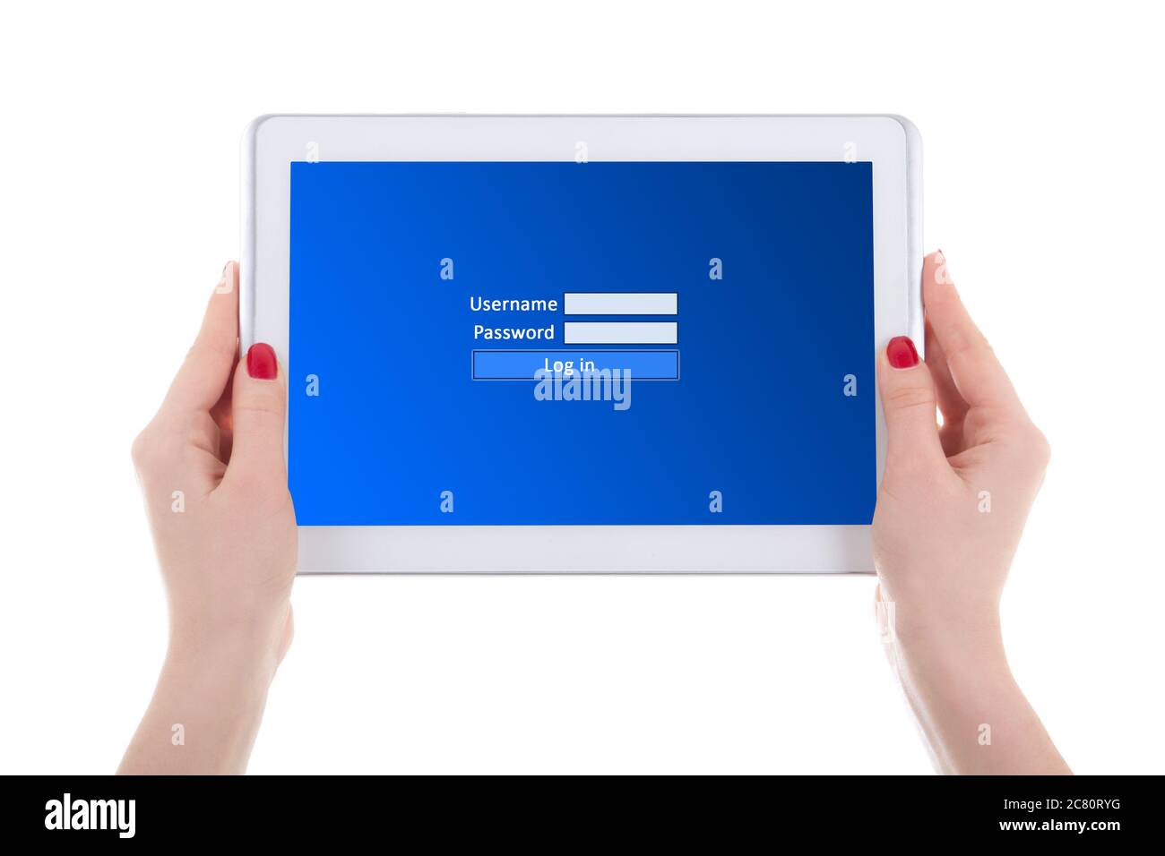 modern tablet pc with login panel on screen in female hands isolated on ...