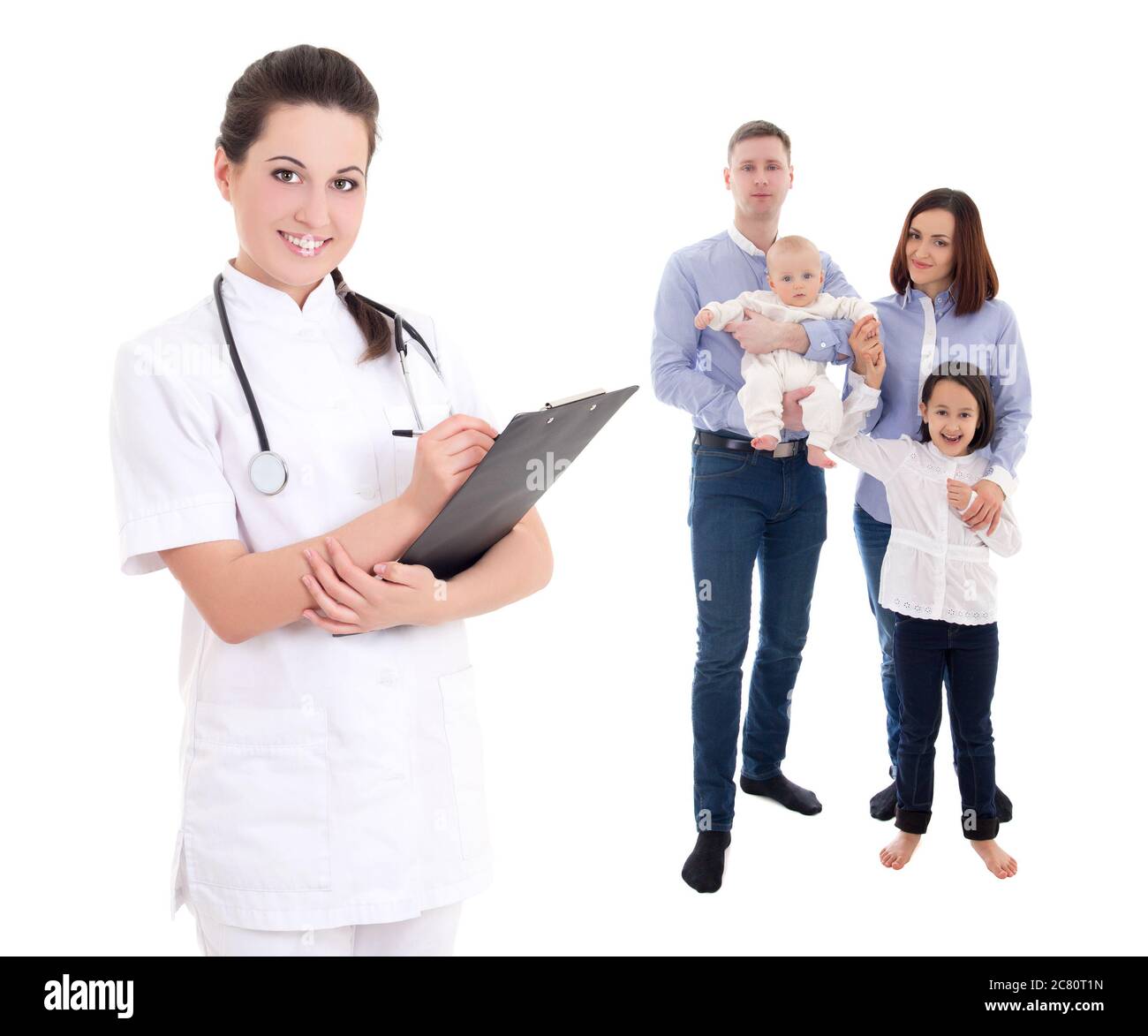 young female doctor and happy family isolated on white background Stock ...