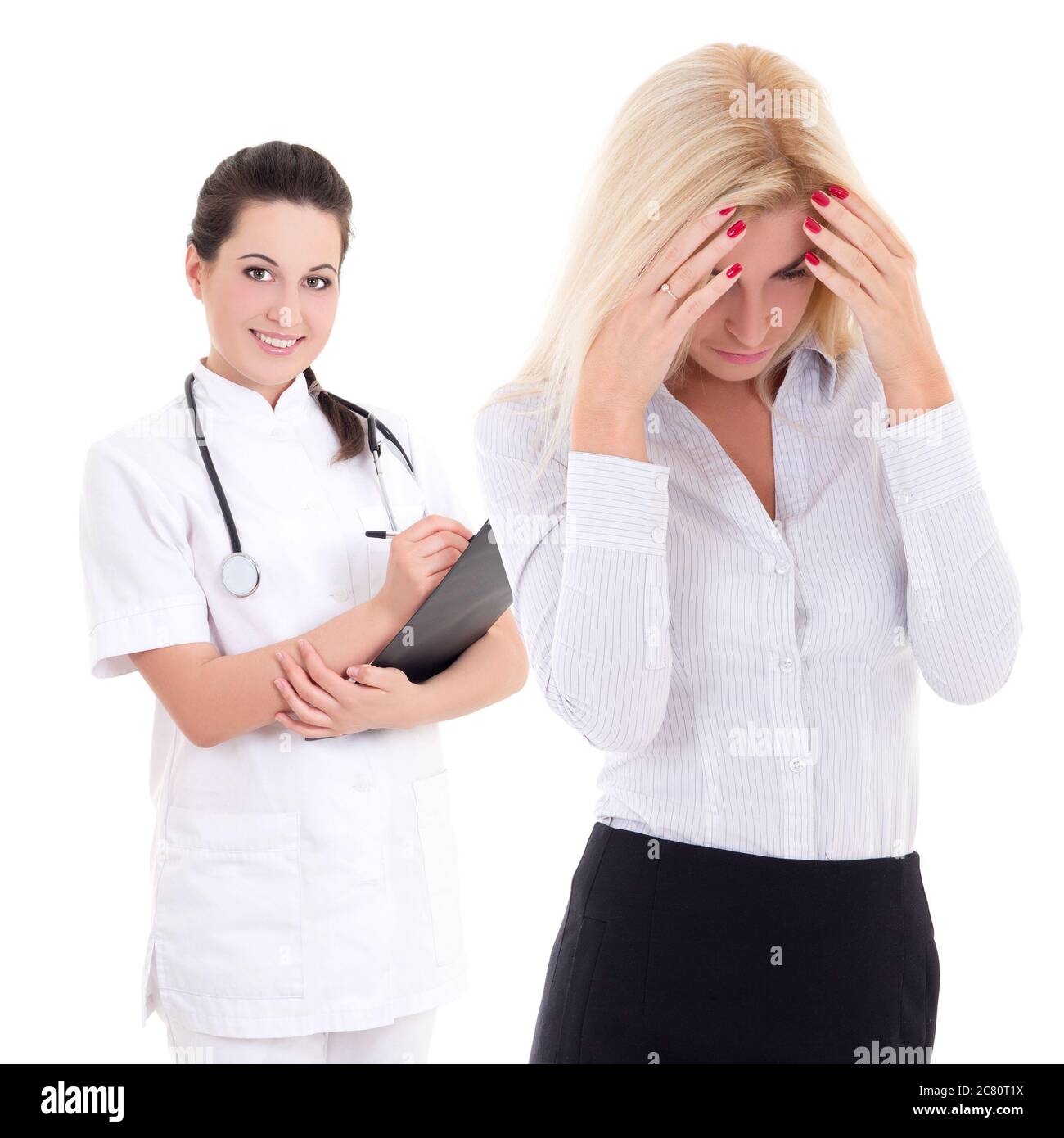 headache concept - young female doctor and sad woman isolated on white ...