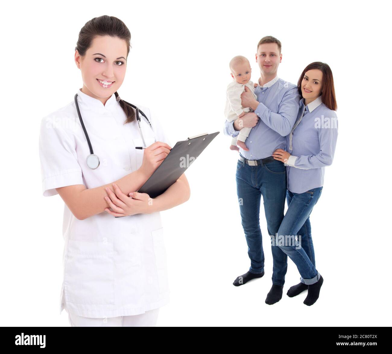 young female doctor and happy family with child isolated on white ...