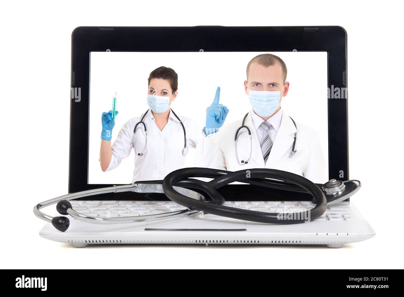 two doctors on laptop screen isolated on white background Stock Photo ...