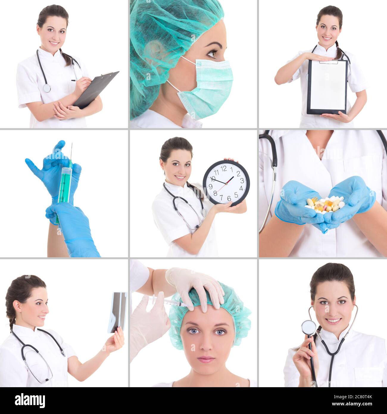 collage of medical pictures: young beautiful female doctor isolated on ...
