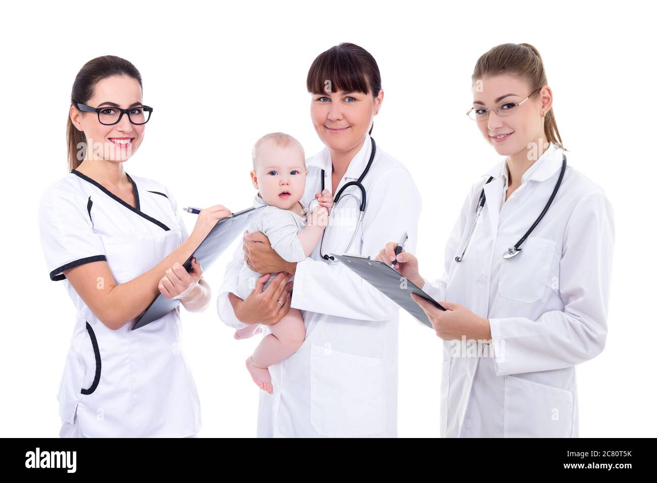 health care and team work concept - portrait of three female doctors ...