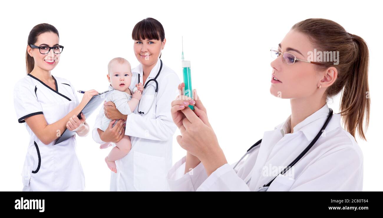 health care, team work and vaccination concept - portrait of three ...