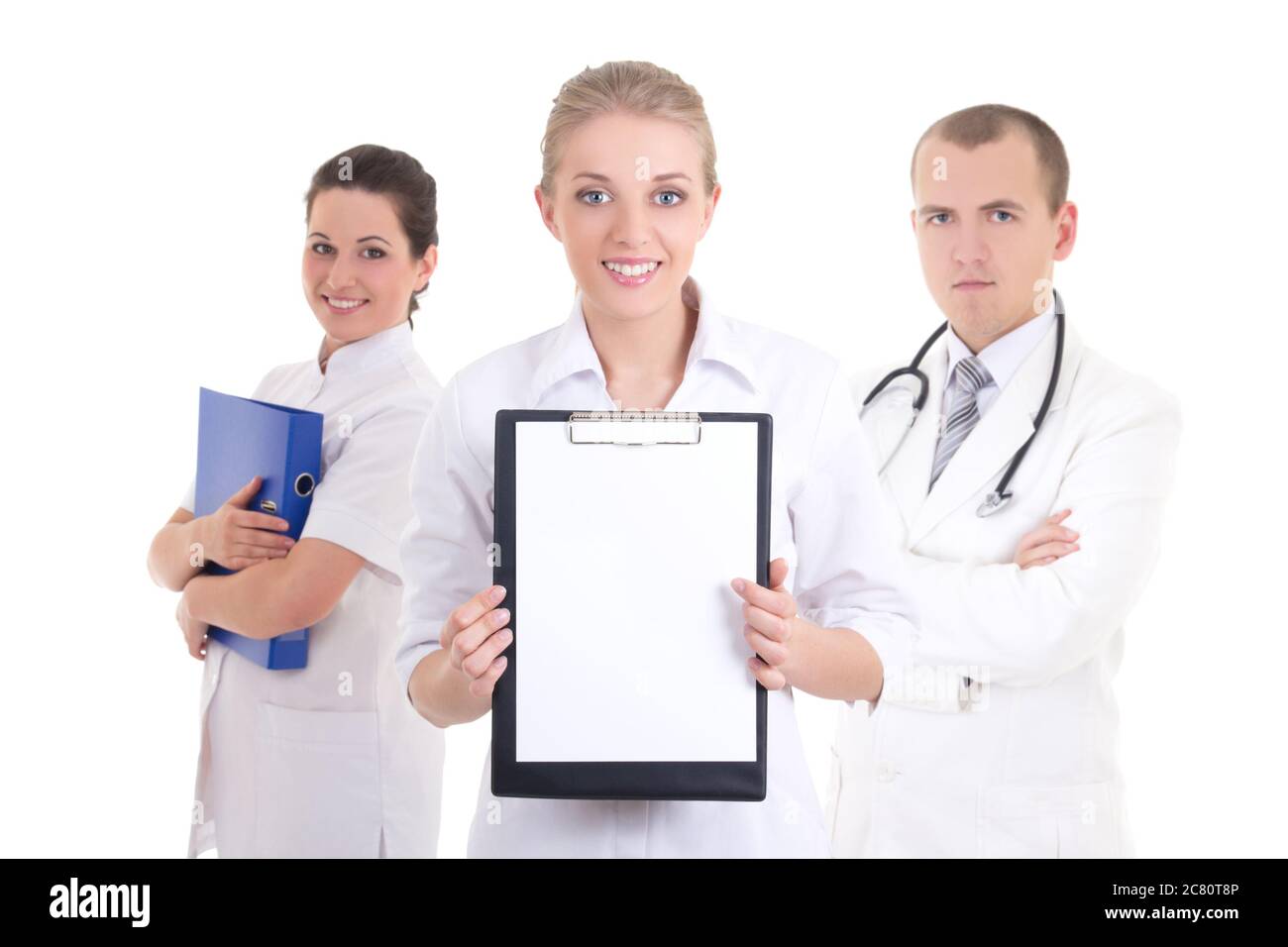 three young doctors isolated on white background. copyspace Stock Photo ...