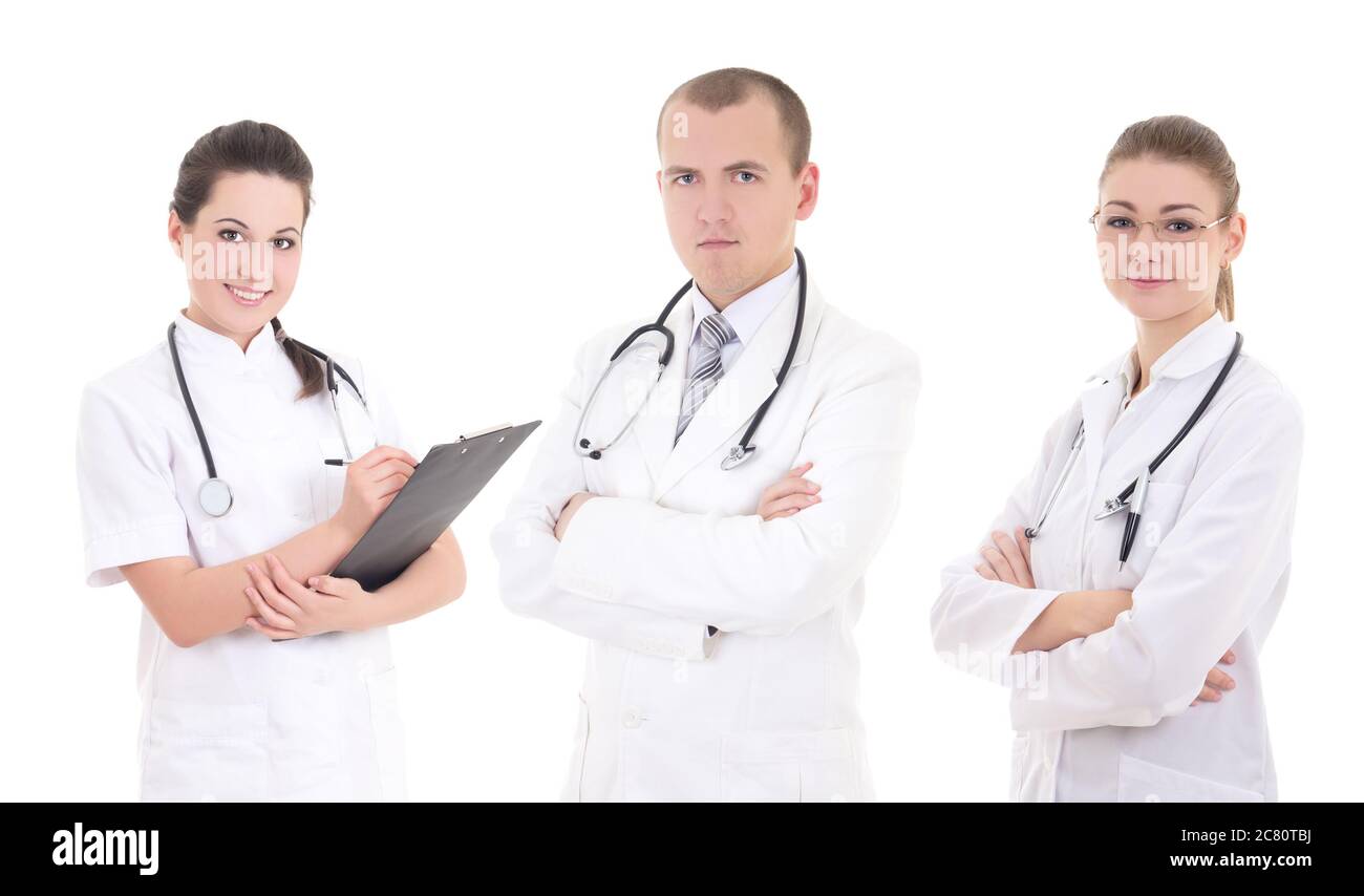 three young attractive doctors isolated on white background Stock Photo ...