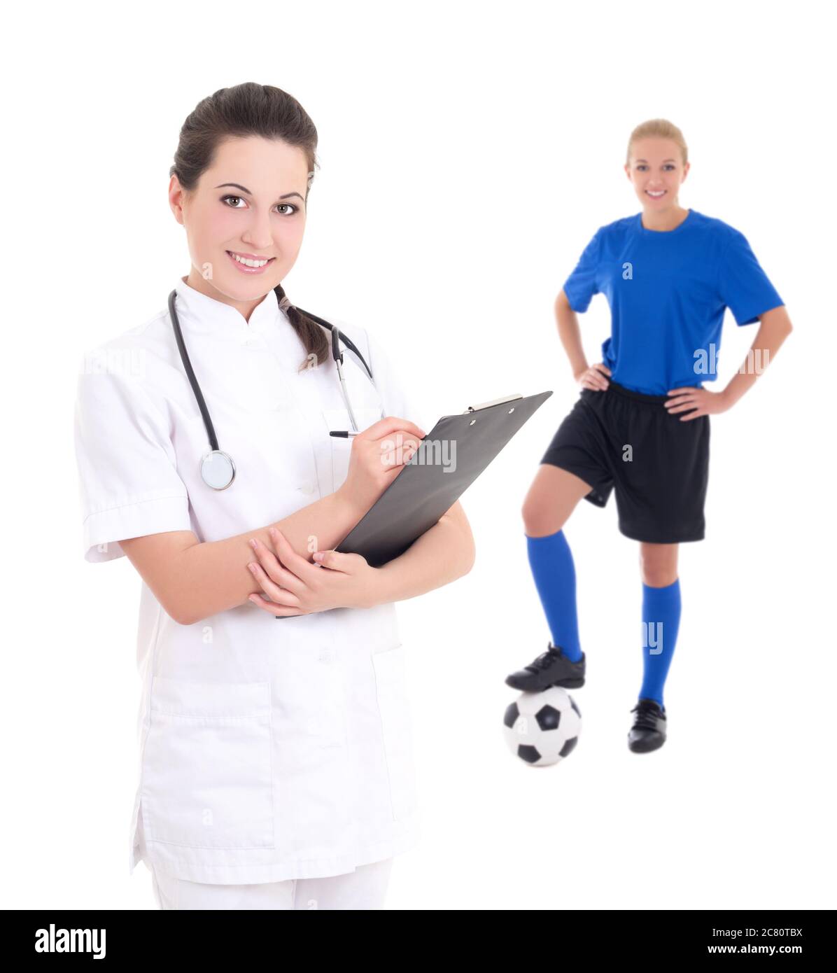young doctor and female soccer player in blue isolated on white ...