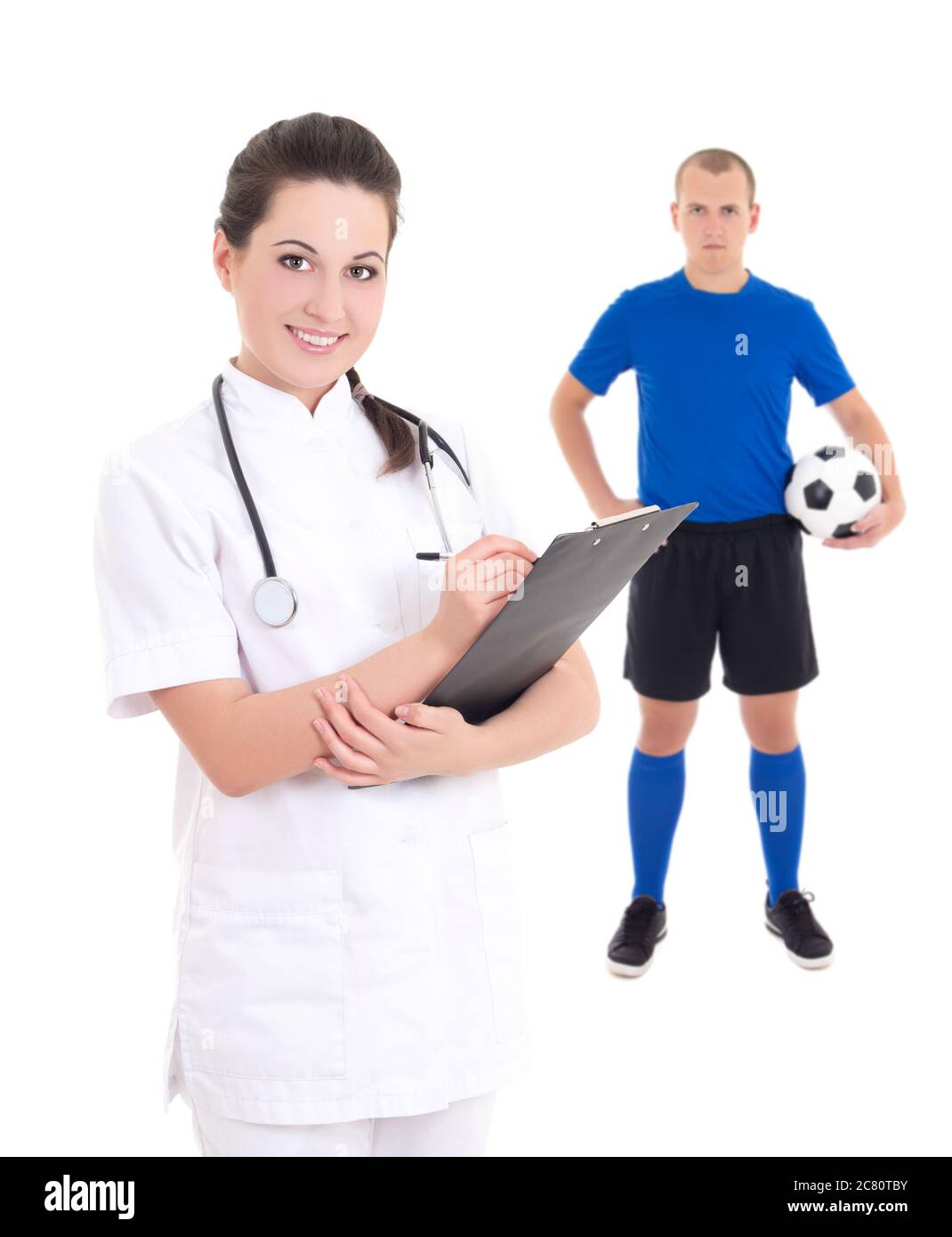 young female doctor and soccer player in blue isolated on white ...