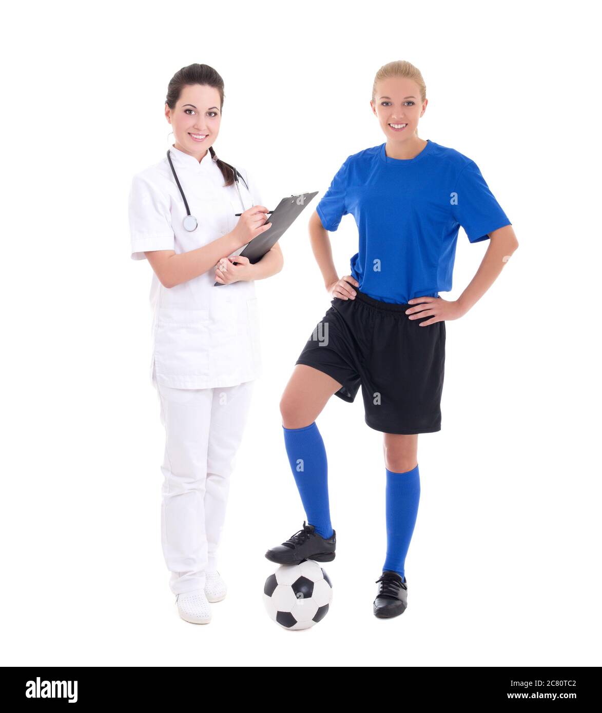 young doctor and female soccer player isolated on white background ...