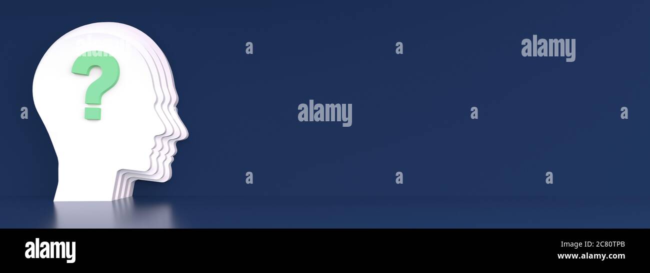 Green question mark in a human head outline on a blue background ...
