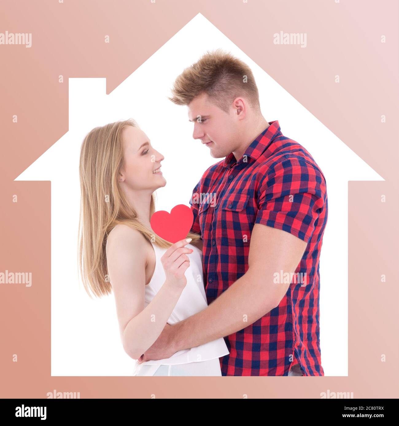 new home and love concept - happy young man and woman in house frame ...