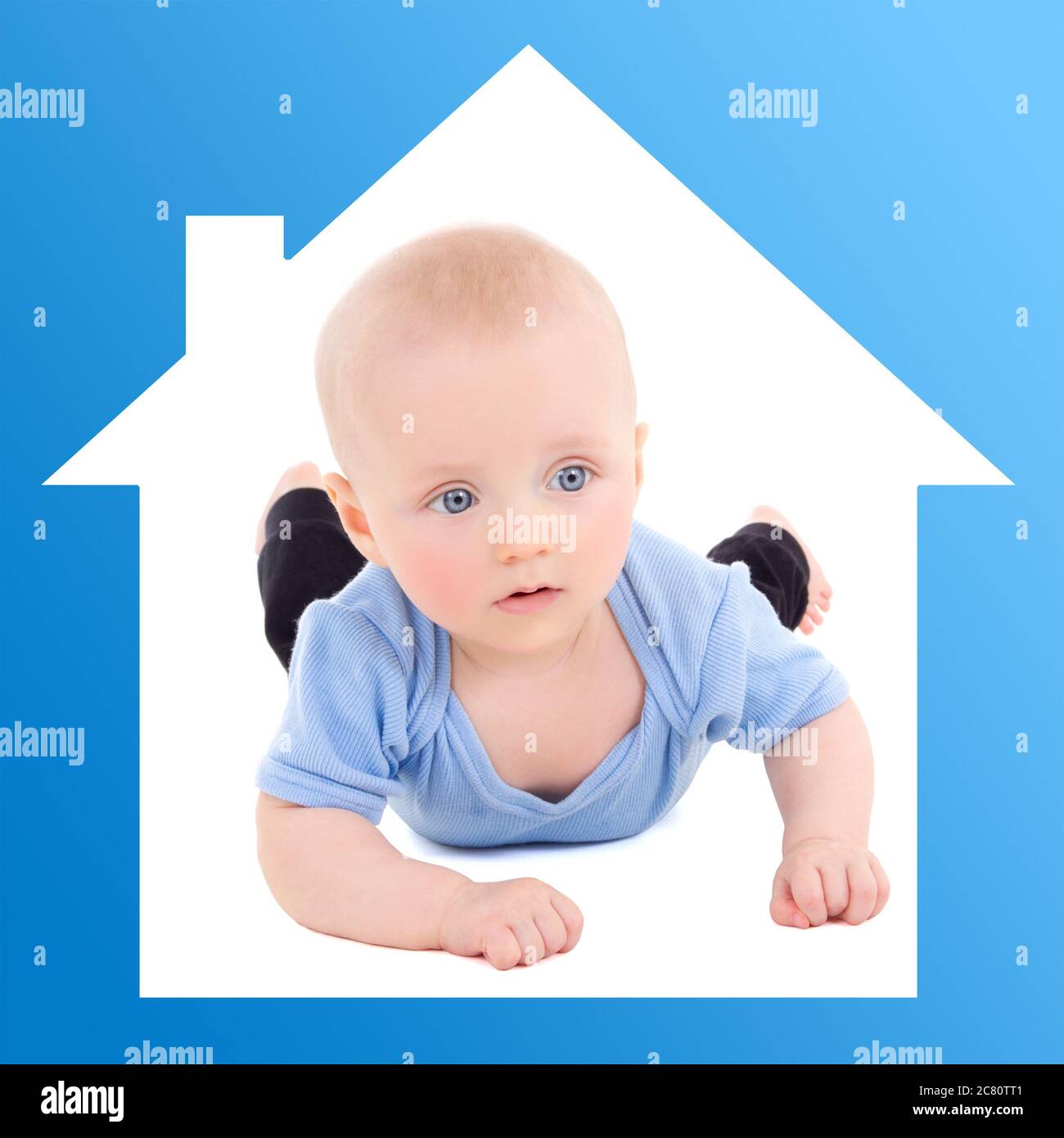 home and family concept - baby boy in blue house frame Stock Photo - Alamy