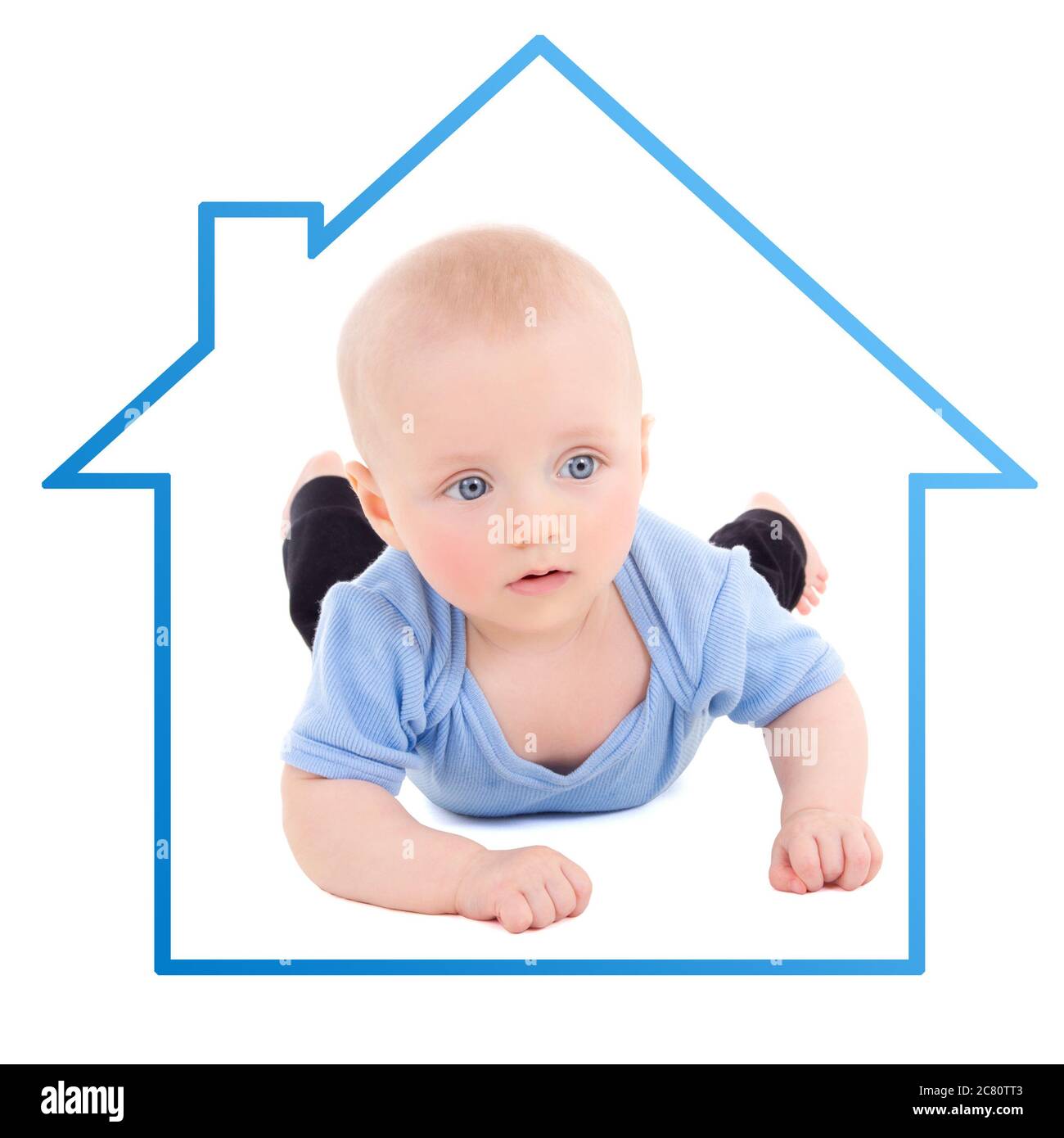 home concept - little baby boy in blue house isolated on white ...