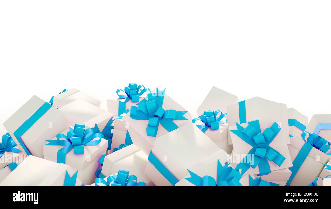Pile of white gift boxes with blue ribbons on a white background copy ...