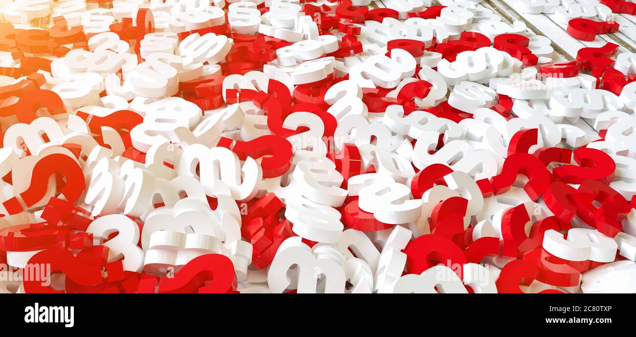 3D rendering of a pile of red question signs and white paragraph or ...