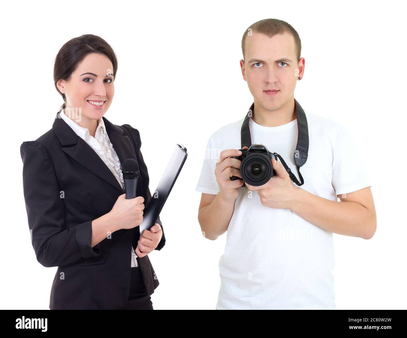 female journalist with microphone and operator with camera isolated on ...