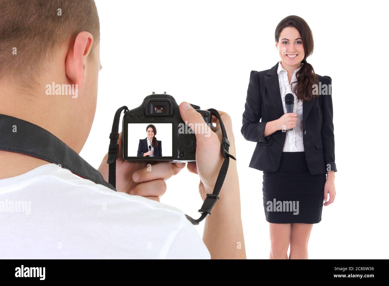 operator with camera and female reporter with microphone isolated on ...