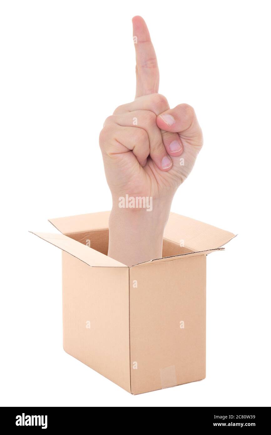 male hand with idea gesture inside cardboard box isolated on white ...