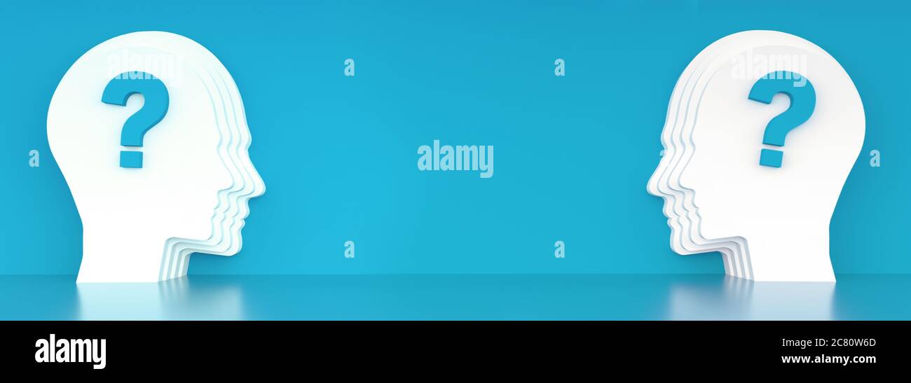 Blue question marks in human head outlines on a blue background ...