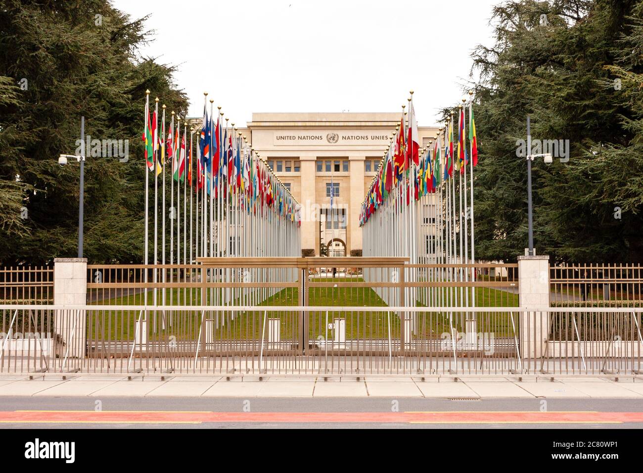 The Aisle of Flags leading to the Palais des Nations of the United ...