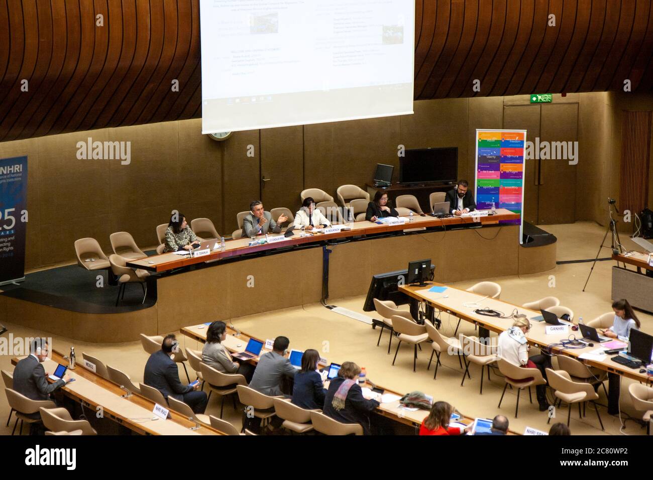 Interior, United Nations building, Geneva. Semi-circular debating room ...