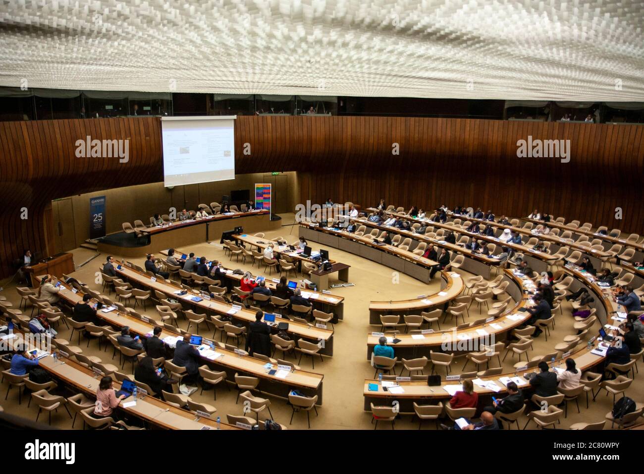 Interior, United Nations building, Geneva. Semi-circular debating room ...