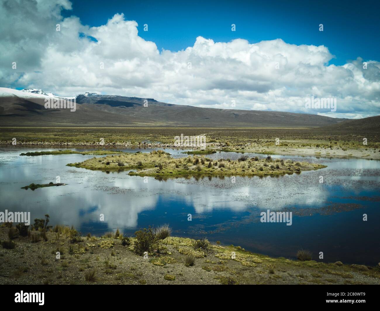 View of "Mirador de los Volcanes in Peru, near Arequipa. Reflection in ...