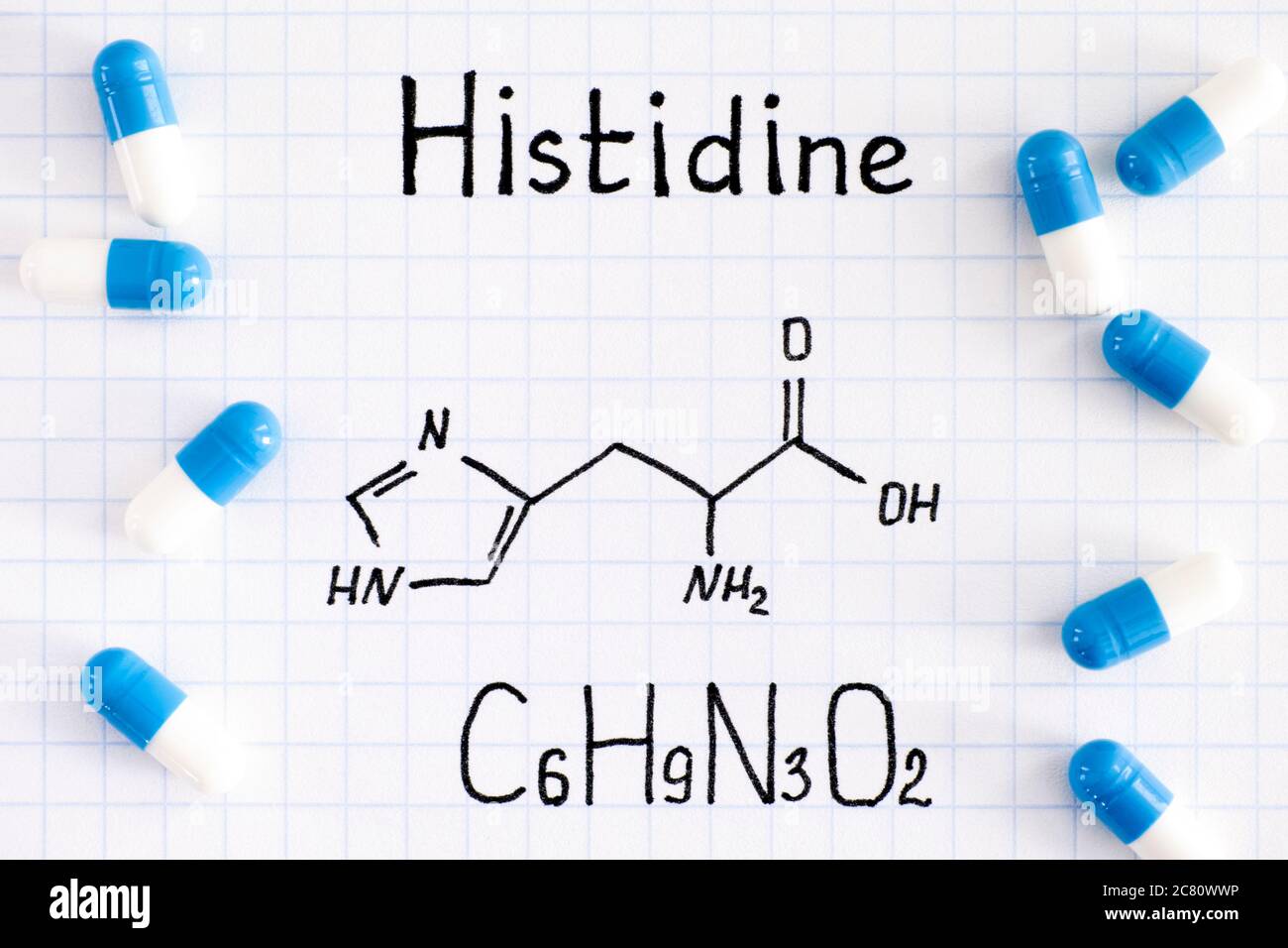 Chemical formula of Histidine with some pills. Close-up Stock Photo - Alamy