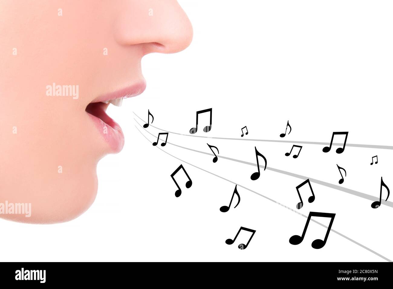 music concept - close up of female mouth singing over white background ...