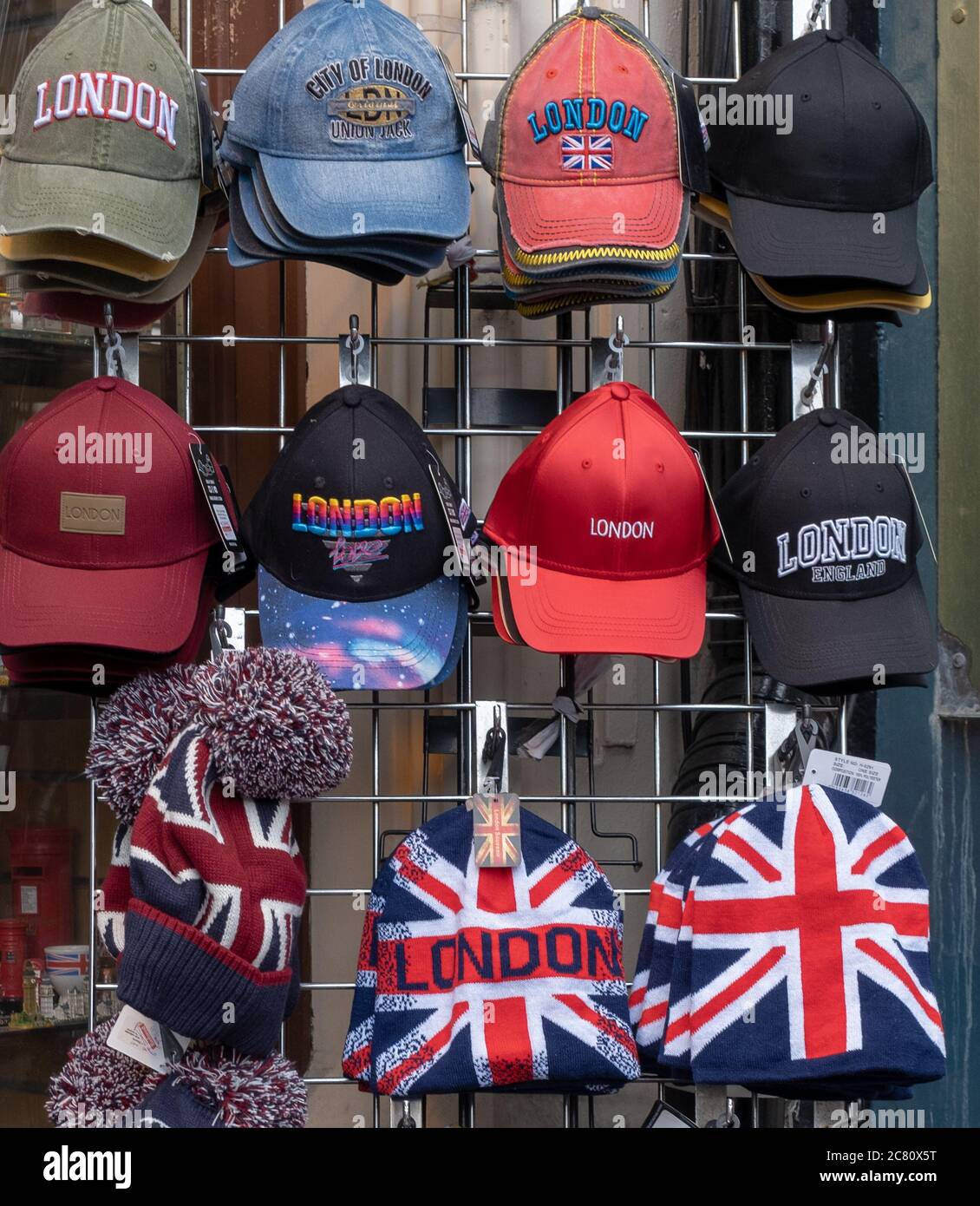LONDON, UNITED KINGDOM - Jul 09, 2019: A display of London hats on sale ...