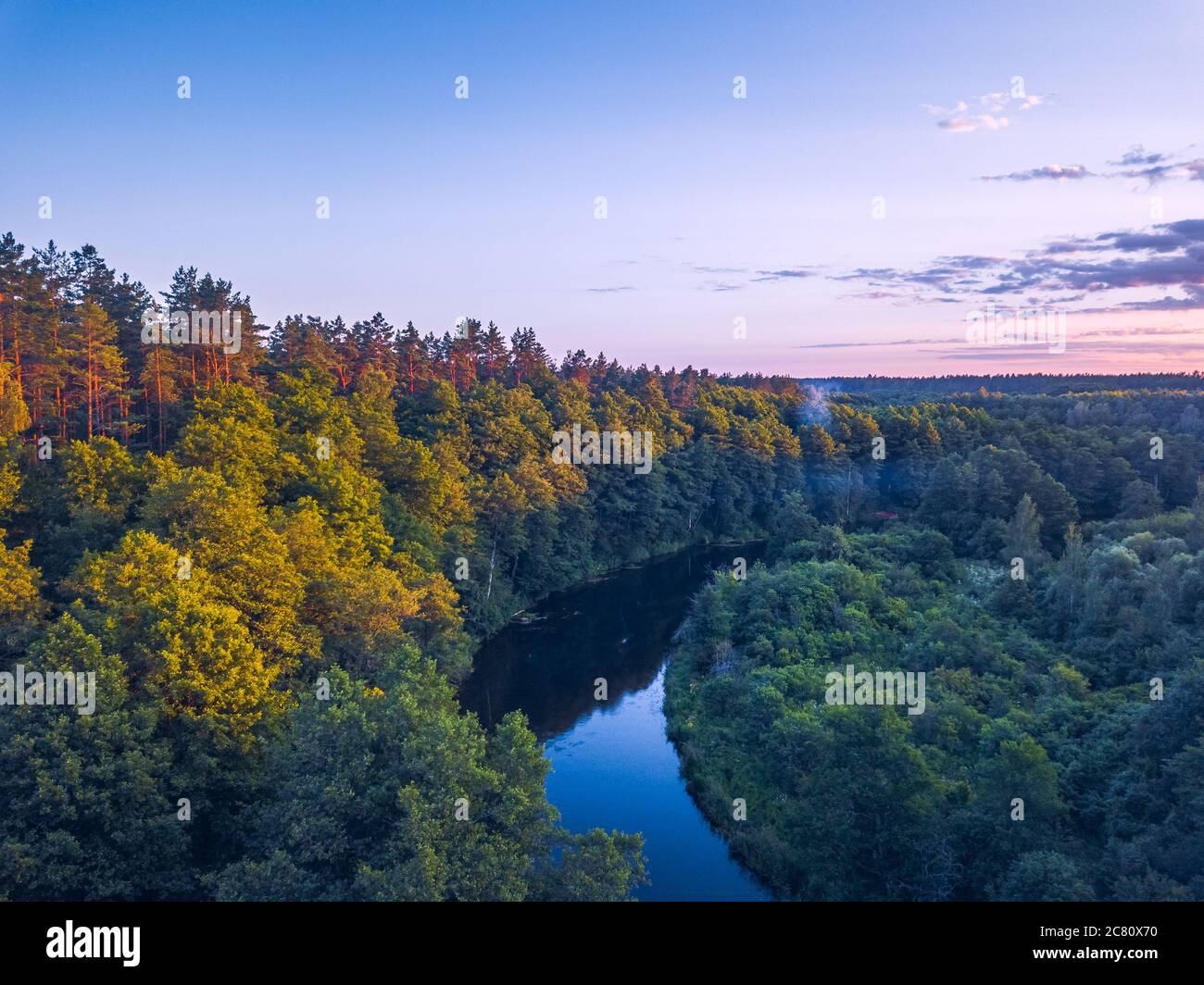 Summer warm sun light forest with river aerial view Stock Photo - Alamy