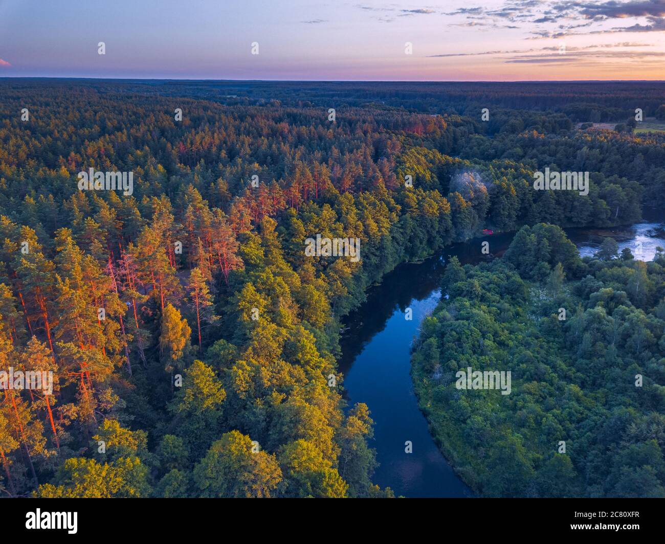 Summer warm sun light forest with river aerial view Stock Photo - Alamy