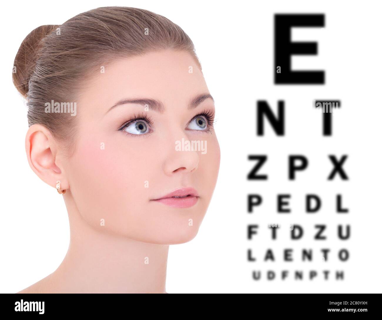 beautiful woman and eye test chart isolated on white background Stock ...
