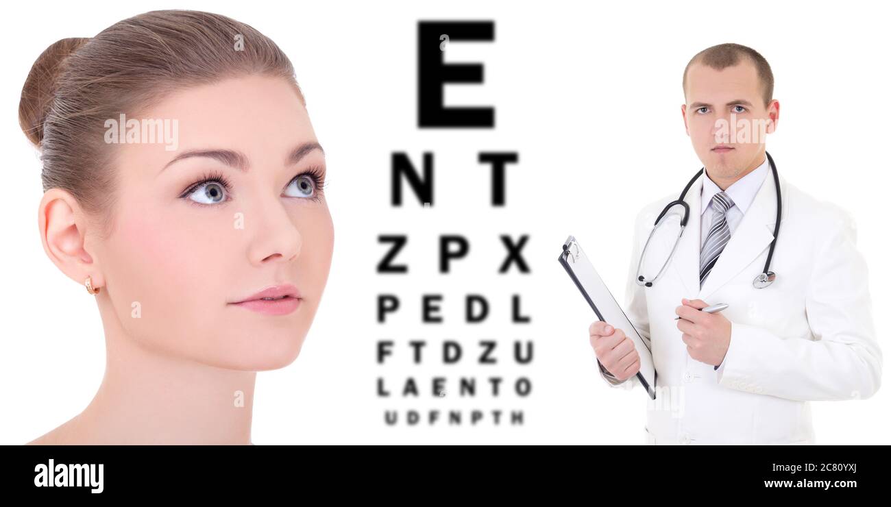 beautiful woman, doctor and eye test chart isolated on white background ...