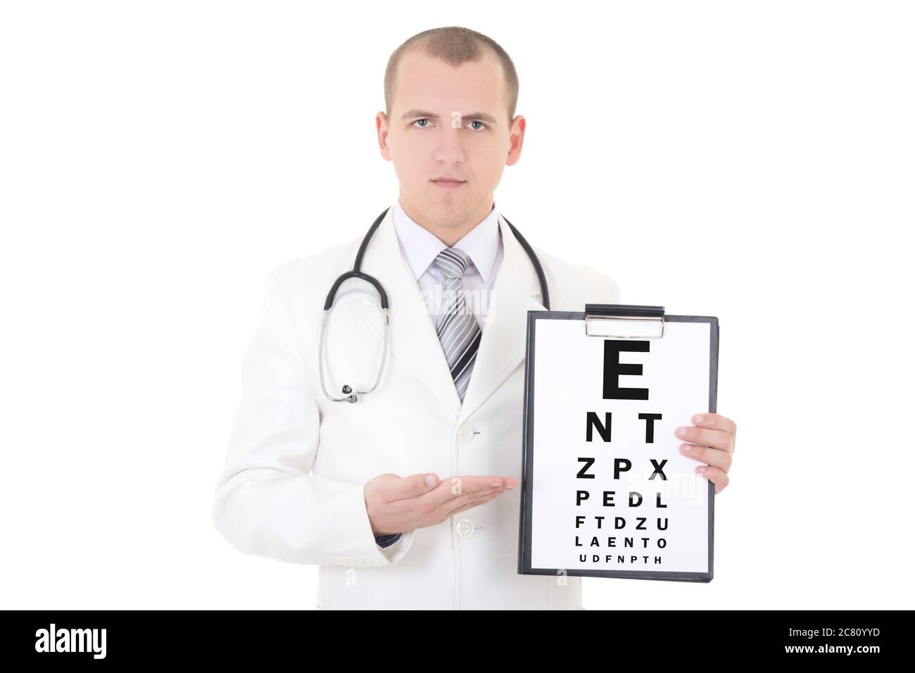 male doctor ophthalmologist and eye test chart isolated on white ...