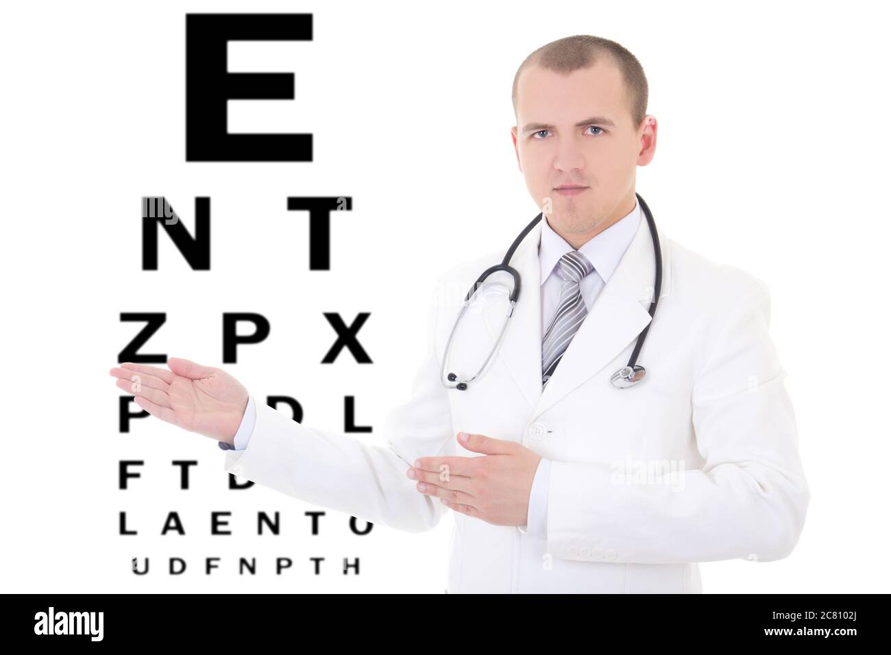 young male doctor ophthalmologist and eye test chart isolated on white ...
