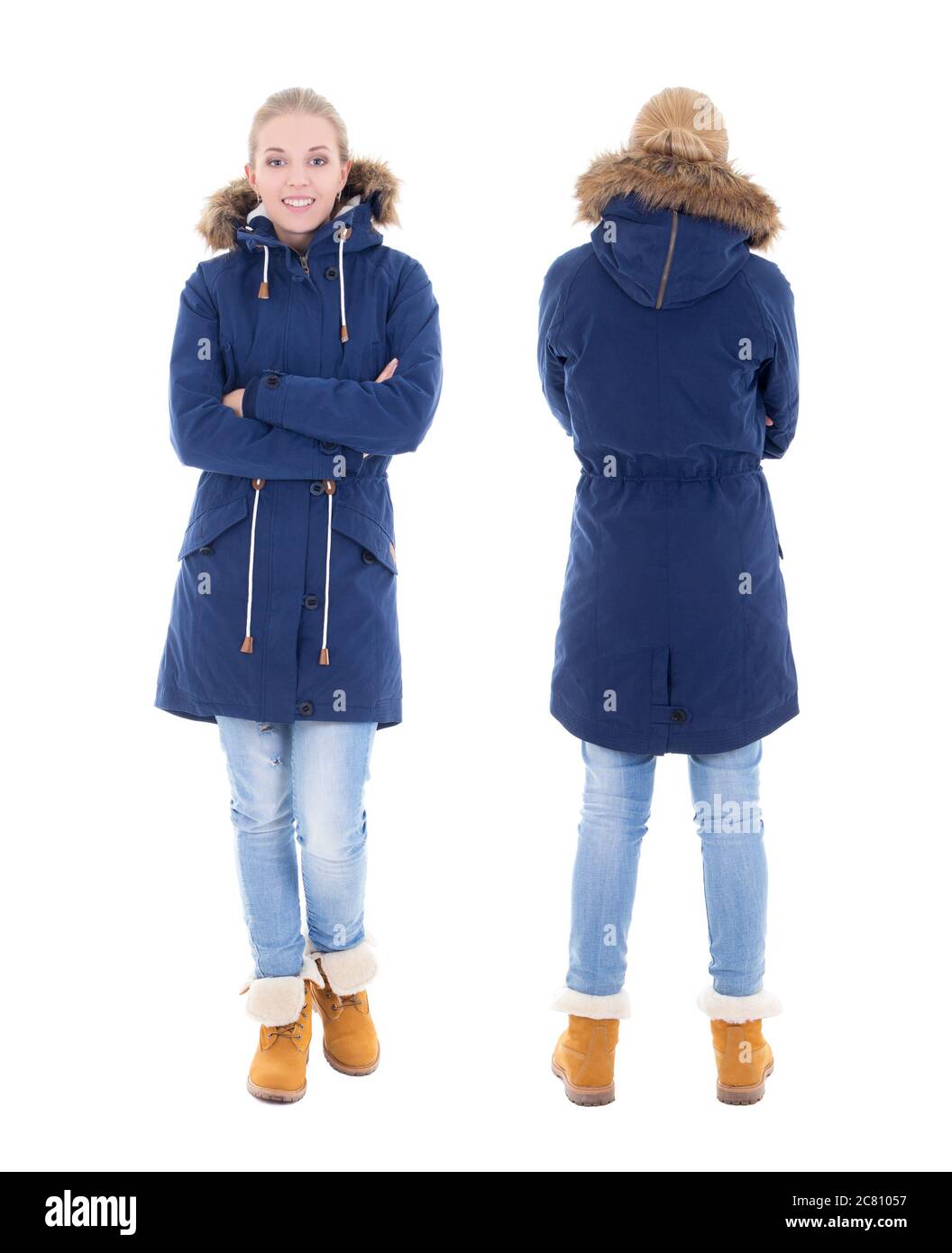 front and back view of young woman in winter clothes isolated on white ...